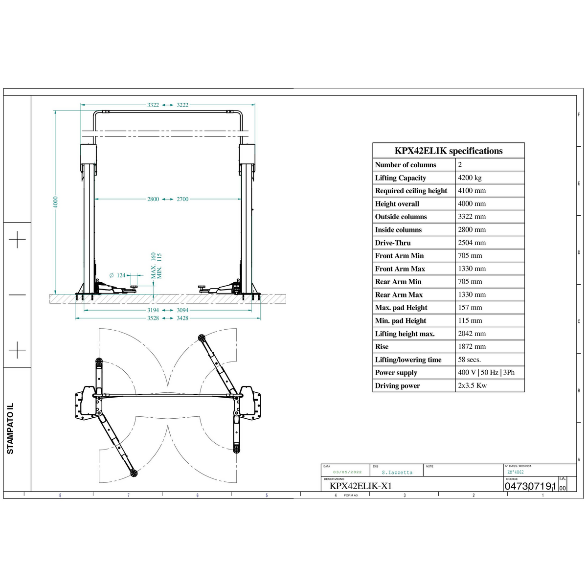 2-post lift KPX42LIK - Ravaglioli